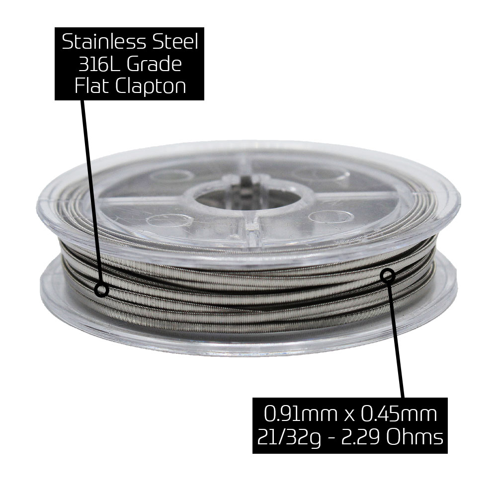 21 AWG SS316L Flat Clapton (21 / 32 AWG) 2.29 Ω/m - 5 Metre Spool (15ft ...